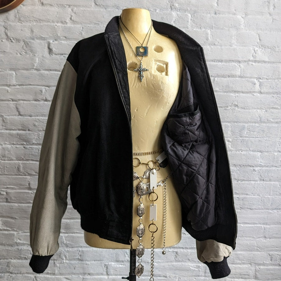 Vintage Black Leather Bomber Suede Varsity Jacket Letterman Colorblock ...