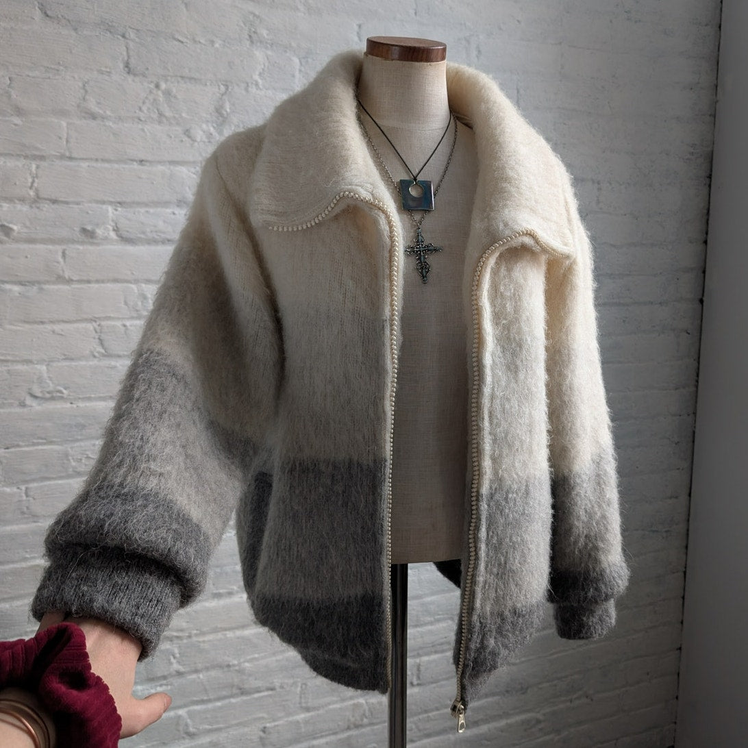 Vintage Minimalist Knit Wool Shaggy Furry Ombre Colorblock Bomber Jack ...