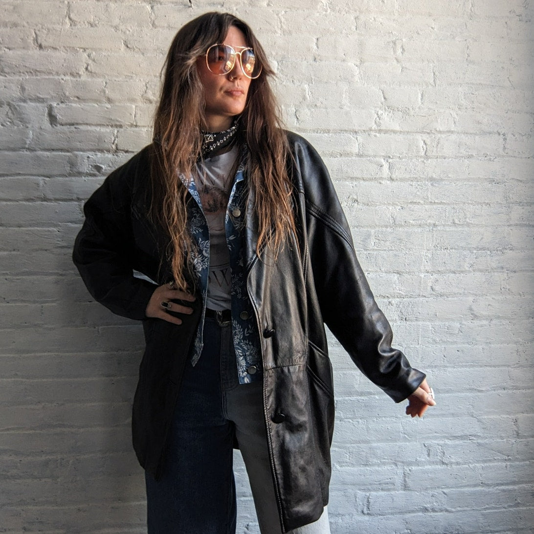 Vintage Minimalist Black Leather Duster Chic Baddie Biker Moto Goth Tr ...