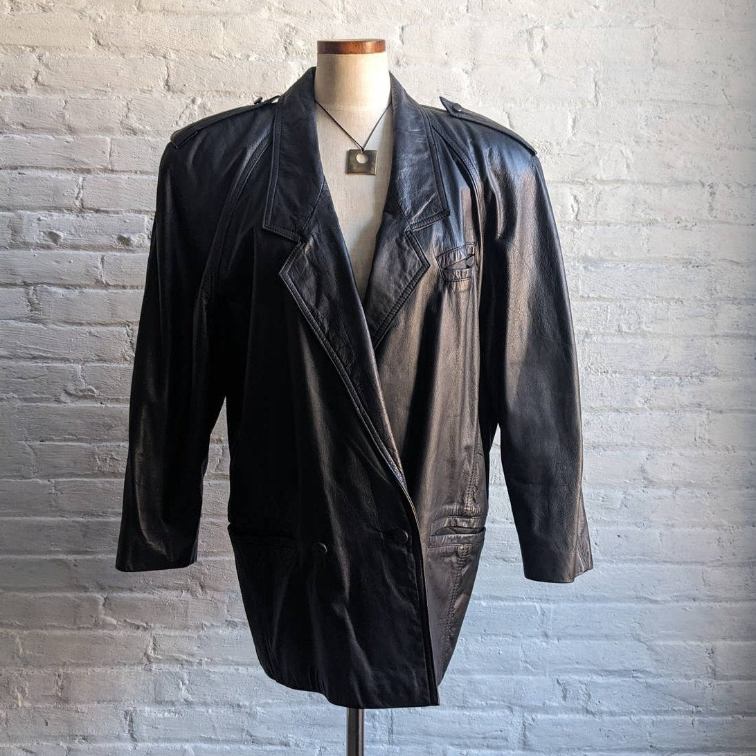 Vintage Minimalist Black Leather Duster Embroidered Biker Moto Goth Tr ...